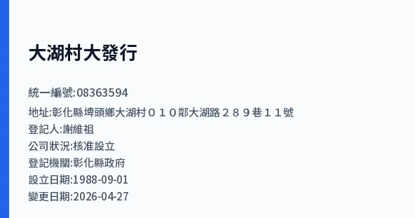 大湖村大發行的照片-統編 08363594(彰化縣) 公司登記資料與營業項目詳細圖表