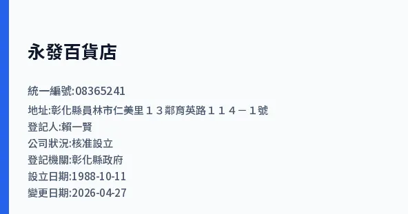 永發百貨店的照片-統編 08365241(彰化縣) 公司登記資料與營業項目詳細圖表