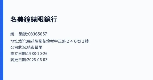 名美鐘錶眼鏡行的照片-統編 08365657(彰化縣) 公司登記資料與營業項目詳細圖表
