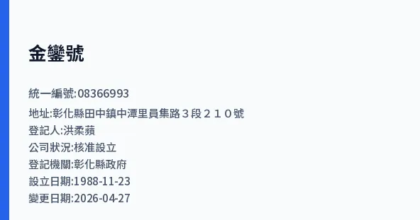 金鑾號的照片-統編 08366993(彰化縣) 公司登記資料與營業項目詳細圖表