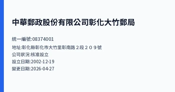 中華郵政股份有限公司彰化大竹郵局的照片-統編 08374001(彰化縣) 公司登記資料與營業項目詳細圖表