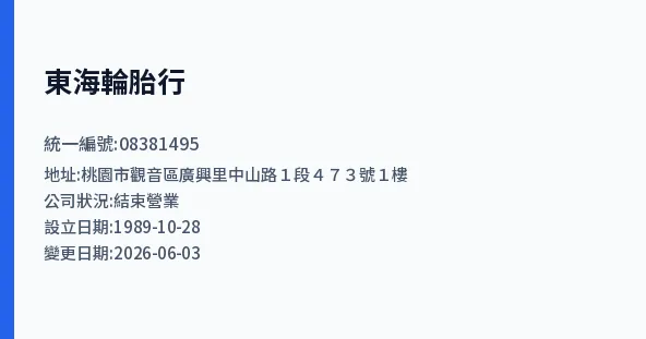 東海輪胎行的照片-統編 08381495(桃園市) 公司登記資料與營業項目詳細圖表