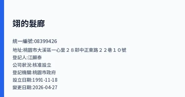翊的髮廊的照片-統編 08399426(桃園市) 公司登記資料與營業項目詳細圖表