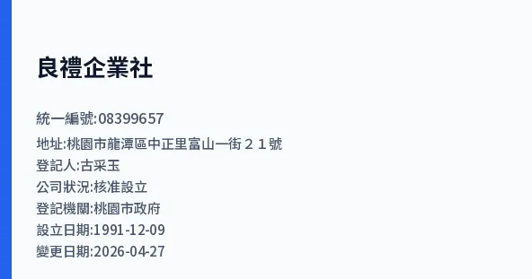 良禮企業社的照片-統編 08399657(桃園市) 公司登記資料與營業項目詳細圖表