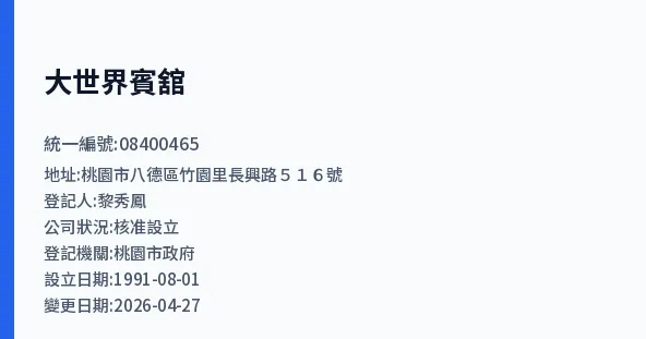 大世界賓舘的照片-統編 08400465(桃園市) 公司登記資料與營業項目詳細圖表