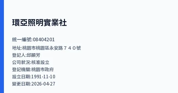 環亞照明實業社的照片-統編 08404201(桃園市) 公司登記資料與營業項目詳細圖表