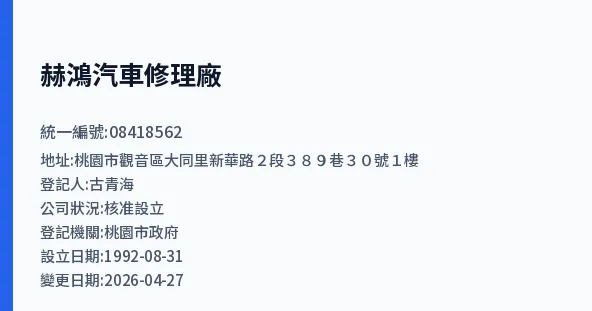 赫鴻汽車修理廠的照片-統編 08418562(桃園市) 公司登記資料與營業項目詳細圖表