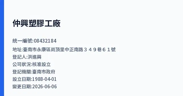 仲興塑膠工廠的照片-統編 08432184(臺南市) 公司登記資料與營業項目詳細圖表