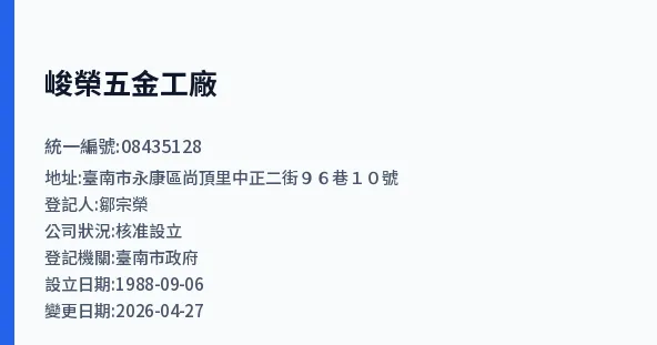 峻榮五金工廠的照片-統編 08435128(臺南市) 公司登記資料與營業項目詳細圖表