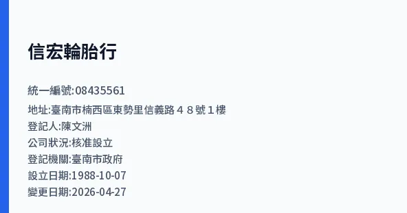 信宏輪胎行的照片-統編 08435561(臺南市) 公司登記資料與營業項目詳細圖表