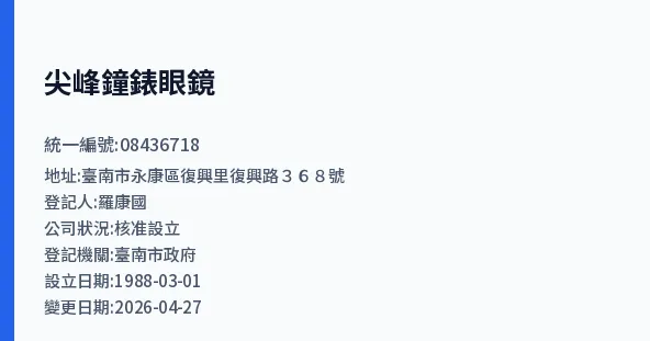 尖峰鐘錶眼鏡的照片-統編 08436718(臺南市) 公司登記資料與營業項目詳細圖表