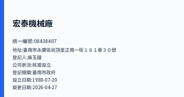 宏泰機械廠的照片-統編 08438407(臺南市) 公司登記資料與營業項目詳細圖表