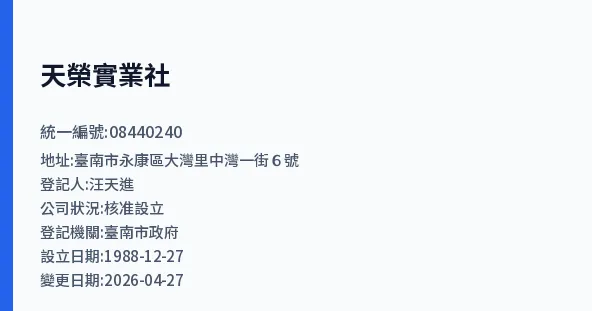 天榮實業社的照片-統編 08440240(臺南市) 公司登記資料與營業項目詳細圖表