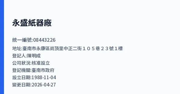 永盛紙器廠的照片-統編 08443226(臺南市) 公司登記資料與營業項目詳細圖表