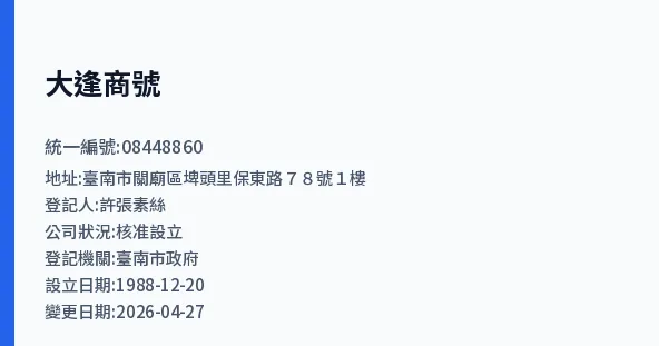 大逢商號的照片-統編 08448860(臺南市) 公司登記資料與營業項目詳細圖表