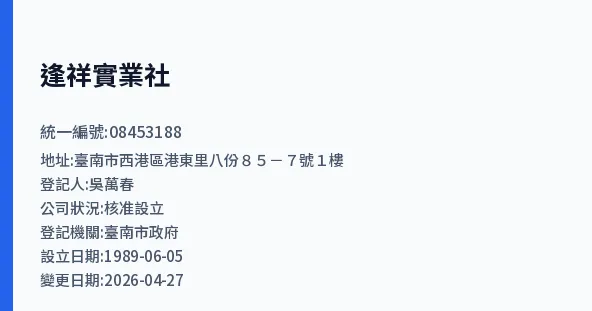 逢祥實業社的照片-統編 08453188(臺南市) 公司登記資料與營業項目詳細圖表