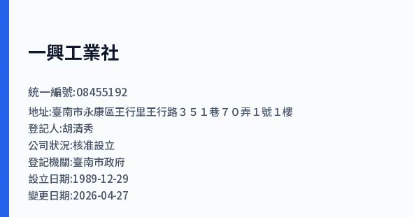 一興工業社的照片-統編 08455192(臺南市) 公司登記資料與營業項目詳細圖表