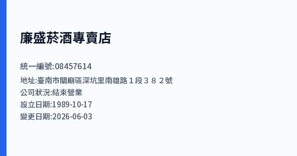 廉盛菸酒專賣店的照片-統編 08457614(臺南市) 公司登記資料與營業項目詳細圖表