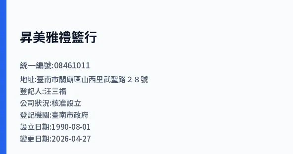 昇美雅禮籃行的照片-統編 08461011(臺南市) 公司登記資料與營業項目詳細圖表
