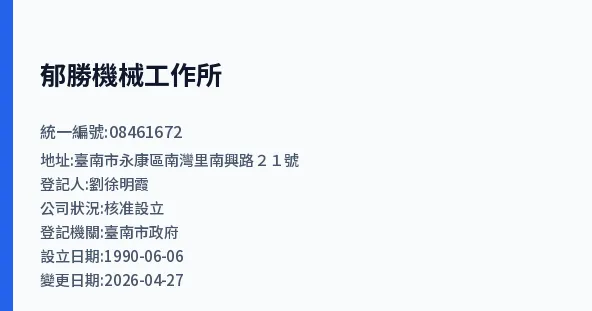 郁勝機械工作所的照片-統編 08461672(臺南市) 公司登記資料與營業項目詳細圖表