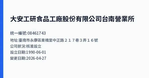 大安工研食品工廠股份有限公司台南營業所的照片-統編 08461743(臺南市) 公司登記資料與營業項目詳細圖表