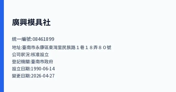 廣興模具社的照片-統編 08461899(臺南市) 公司登記資料與營業項目詳細圖表