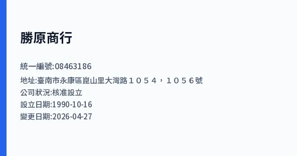 勝原商行的照片-統編 08463186(臺南市) 公司登記資料與營業項目詳細圖表