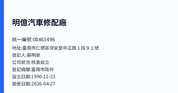 明億汽車修配廠的照片-統編 08463496(臺南市) 公司登記資料與營業項目詳細圖表