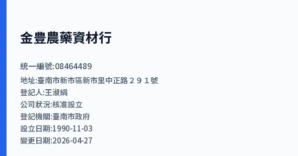 金豊農藥資材行的照片-統編 08464489(臺南市) 公司登記資料與營業項目詳細圖表