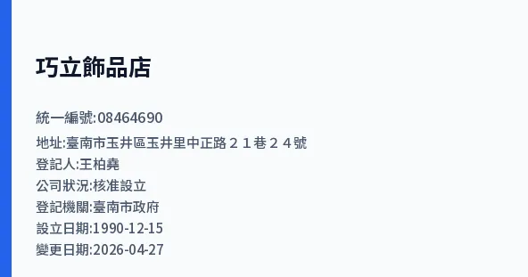 巧立飾品店的照片-統編 08464690(臺南市) 公司登記資料與營業項目詳細圖表