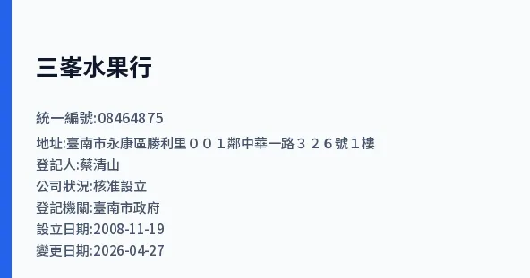 三峯水果行的照片-統編 08464875(臺南市) 公司登記資料與營業項目詳細圖表