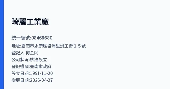 琦麗工業廠的照片-統編 08468680(臺南市) 公司登記資料與營業項目詳細圖表