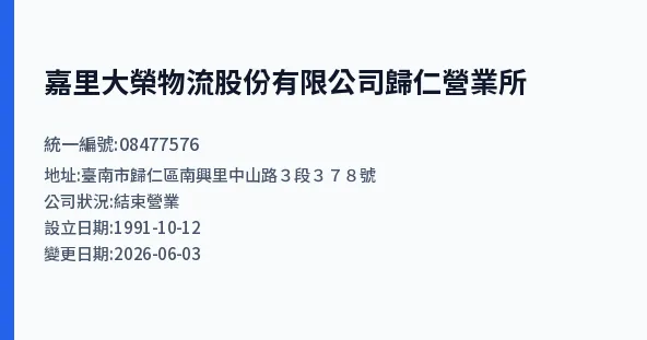 嘉里大榮物流股份有限公司歸仁營業所的照片-統編 08477576(臺南市) 公司登記資料與營業項目詳細圖表