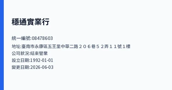 穩通實業行的照片-統編 08478603(臺南市) 公司登記資料與營業項目詳細圖表