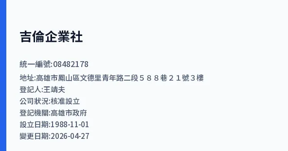 吉倫企業社的照片-統編 08482178(高雄市) 公司登記資料與營業項目詳細圖表
