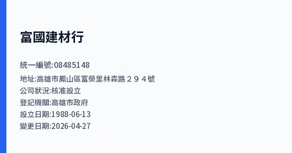 富國建材行的照片-統編 08485148(高雄市) 公司登記資料與營業項目詳細圖表