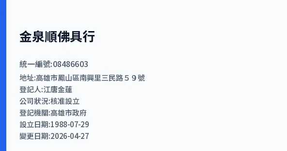 金泉順佛具行的照片-統編 08486603(高雄市) 公司登記資料與營業項目詳細圖表