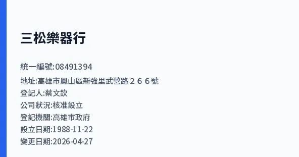 三松樂器行的照片-統編 08491394(高雄市) 公司登記資料與營業項目詳細圖表