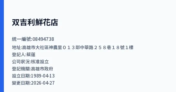 双吉利鮮花店的照片-統編 08494738(高雄市) 公司登記資料與營業項目詳細圖表