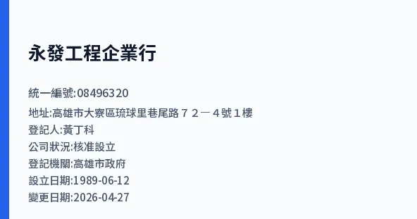 永發工程企業行的照片-統編 08496320(高雄市) 公司登記資料與營業項目詳細圖表