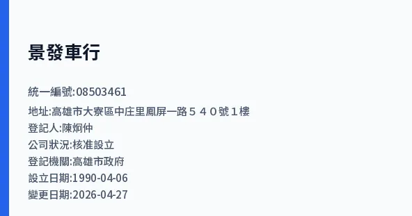 景發車行的照片-統編 08503461(高雄市) 公司登記資料與營業項目詳細圖表