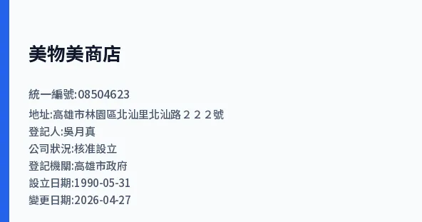 美物美商店的照片-統編 08504623(高雄市) 公司登記資料與營業項目詳細圖表