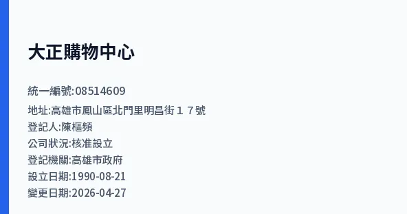 大正購物中心的照片-統編 08514609(高雄市) 公司登記資料與營業項目詳細圖表