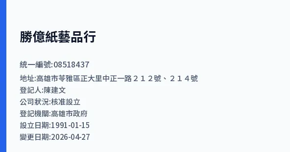 勝億紙藝品行的照片-統編 08518437(高雄市) 公司登記資料與營業項目詳細圖表