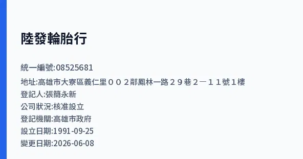 陸發輪胎行的照片-統編 08525681(高雄市) 公司登記資料與營業項目詳細圖表