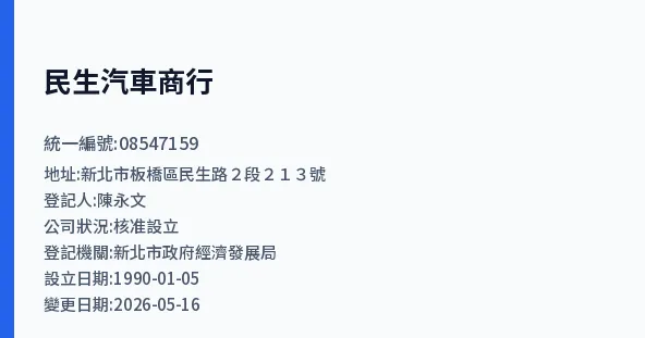 民生汽車商行的照片-統編 08547159(新北市) 公司登記資料與營業項目詳細圖表