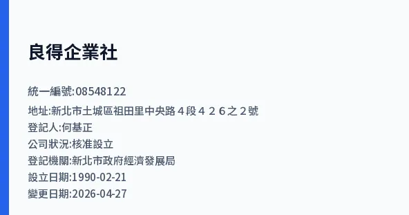 良得企業社的照片-統編 08548122(新北市) 公司登記資料與營業項目詳細圖表
