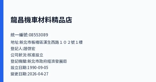 龍昌機車材料精品店的照片-統編 08553089(新北市) 公司登記資料與營業項目詳細圖表