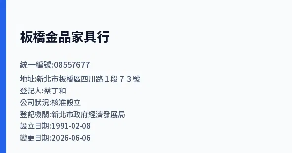 板橋金品家具行的照片-統編 08557677(新北市) 公司登記資料與營業項目詳細圖表