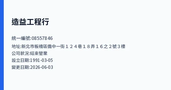 造益工程行的照片-統編 08557846(新北市) 公司登記資料與營業項目詳細圖表